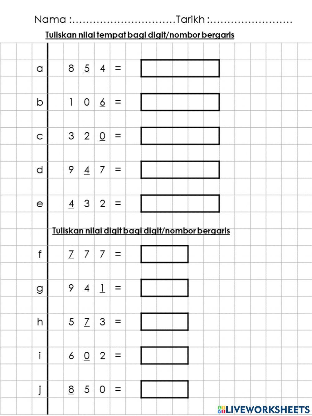 Nilai tempat nilai digit interactive worksheet | Live Worksheets