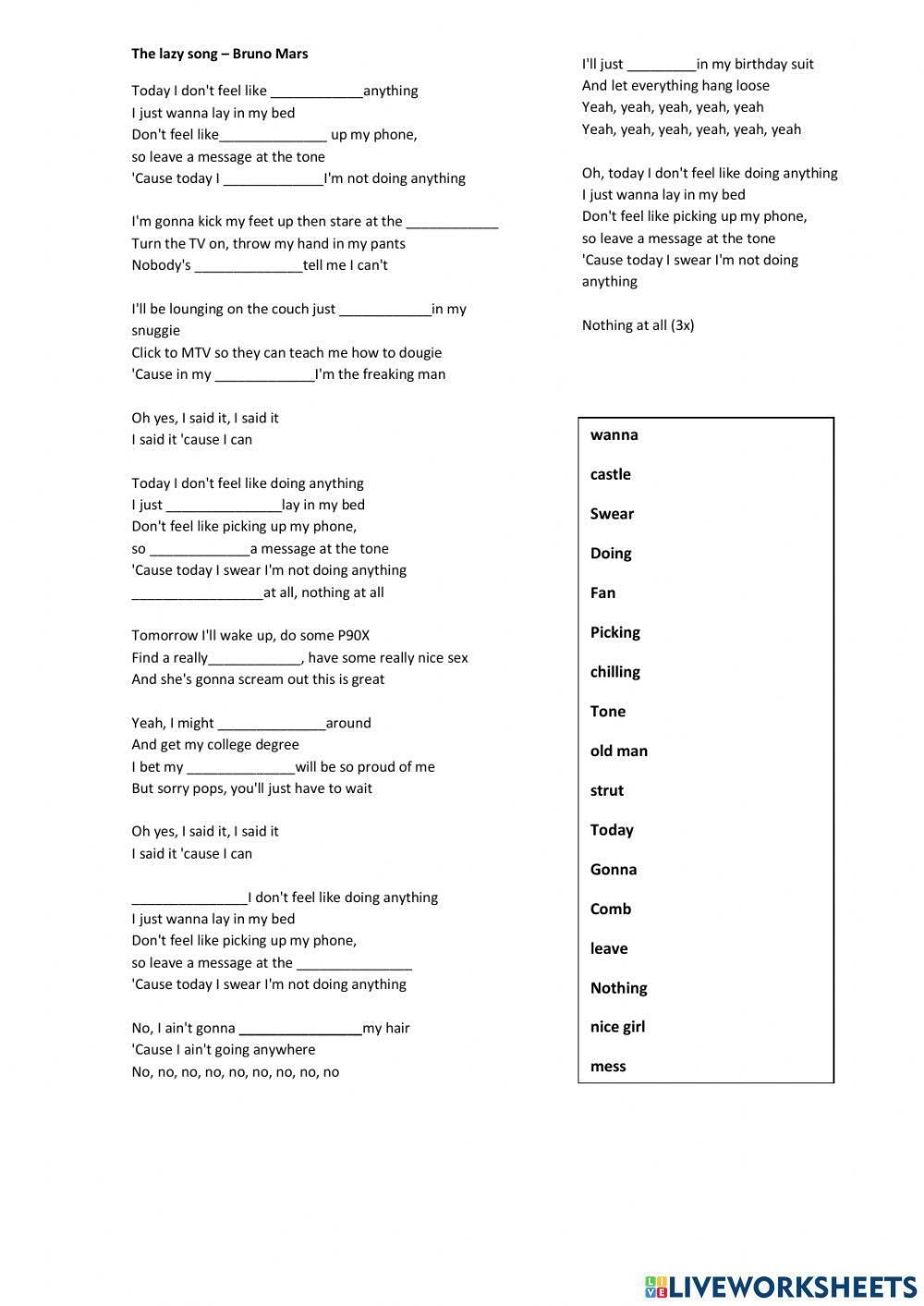 Lazy Song worksheet | Live Worksheets
