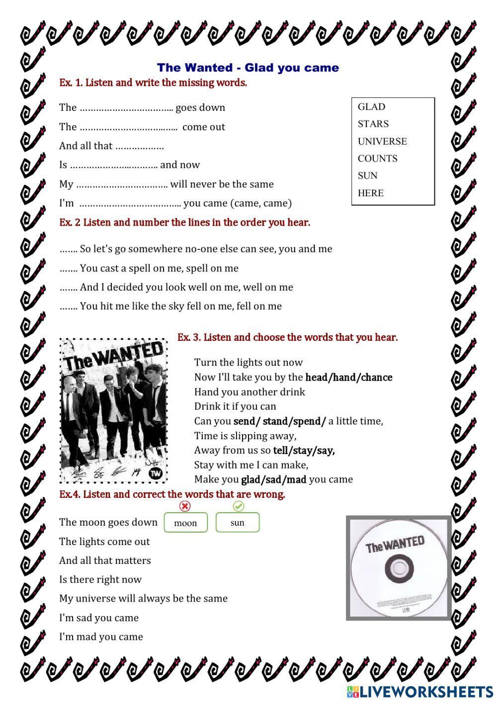 Song: I'm glad you came worksheet | Live Worksheets