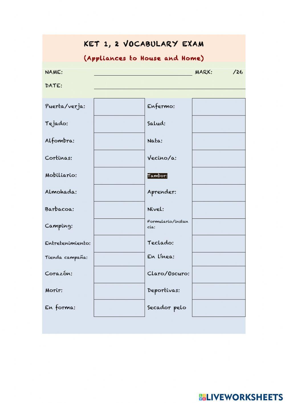 Ket 1, 2 VOCABULARY EXAM 6 worksheet | Live Worksheets