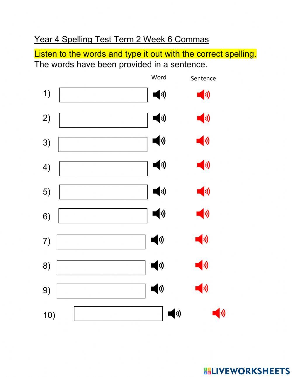 DIS Spelling Test Term 2 Week 6 Commas worksheet | Live Worksheets