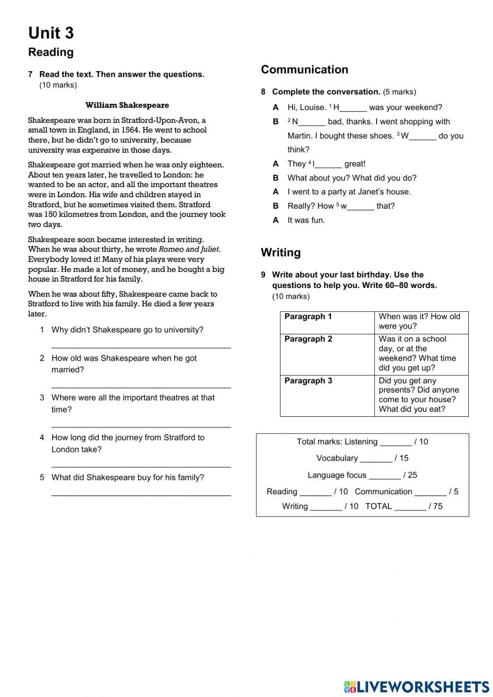 A2.1 Test 3 online exercise for | Live Worksheets