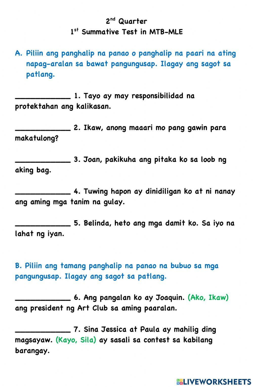 Summative Test in MTB worksheet | Live Worksheets