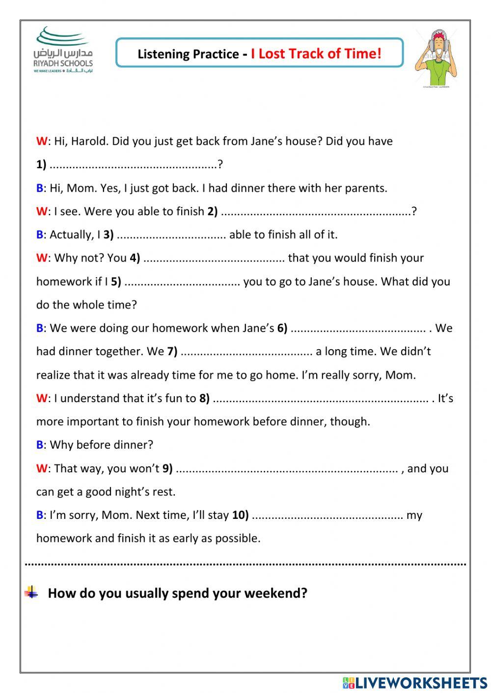 Listening practice -I Lost Track of Time! worksheet | Live Worksheets