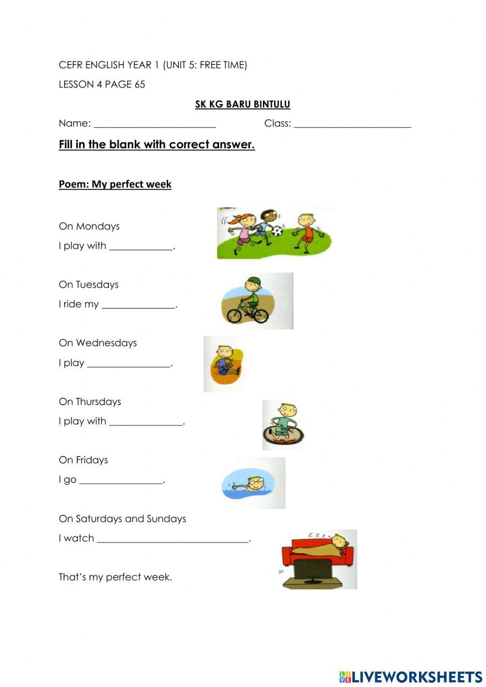 733375 | Cefr english year 1 unit 5: free time