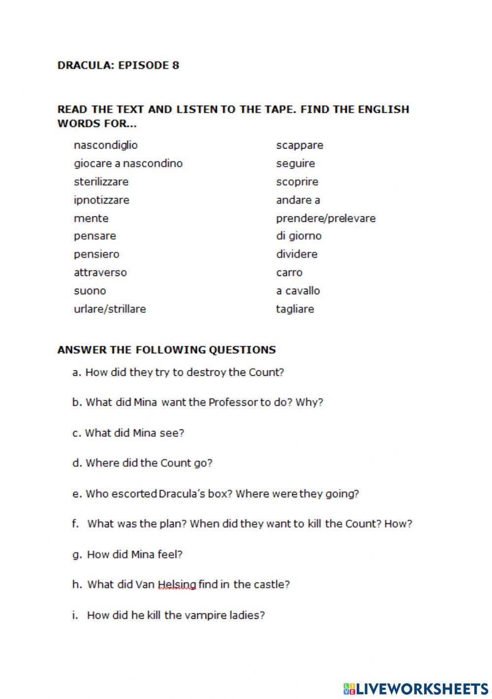 Dracula. episode 8. glossario e domande part 1 worksheet | Live Worksheets