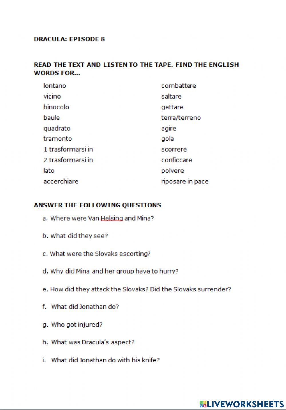 Dracula. episode 9. glossario e domande part 1 worksheet | Live Worksheets
