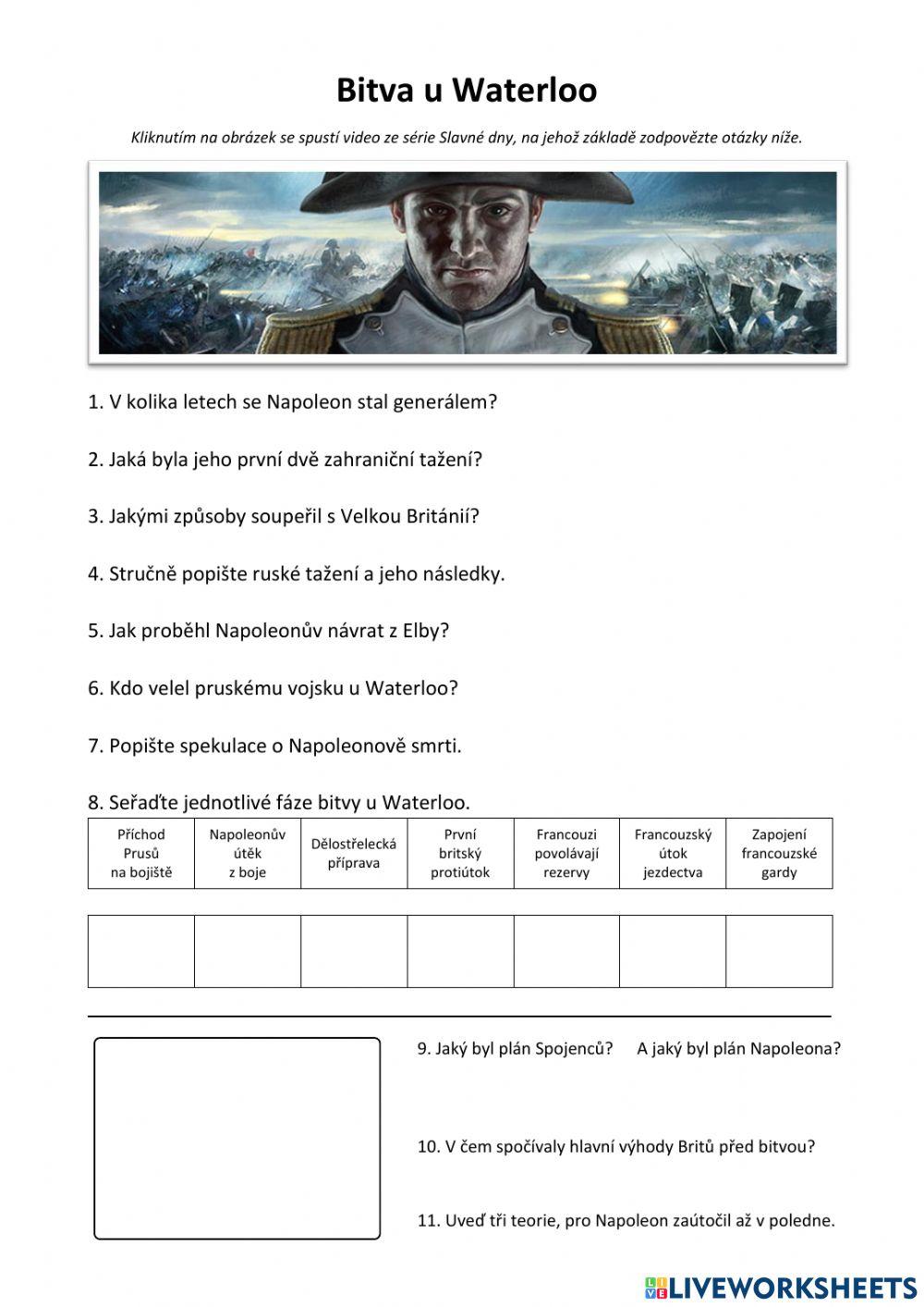 Bitva u Waterloo worksheet | Live Worksheets
