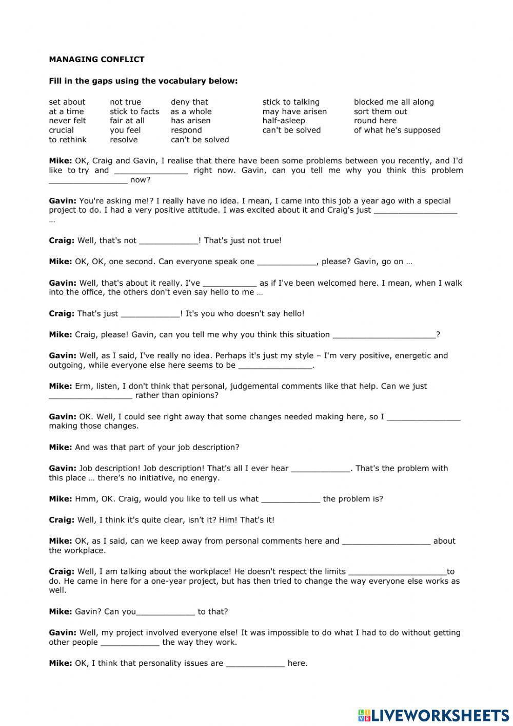 Managing Confli… | Free Interactive Worksheets | 733951