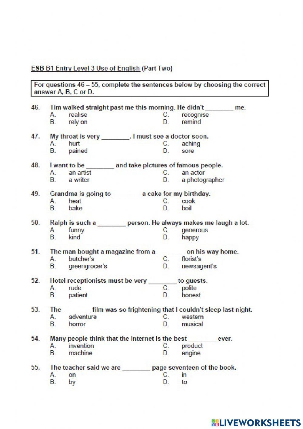 Esb b1 use of english 2018b worksheet | Live Worksheets