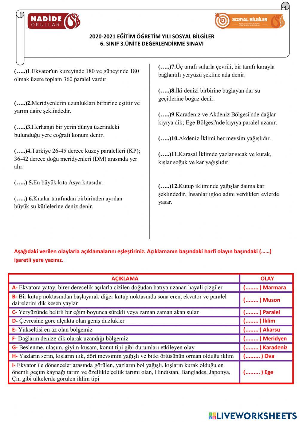 6.Sınıf 3. Ünite Değerlendirme Sınavı 6429698 | Zeynep