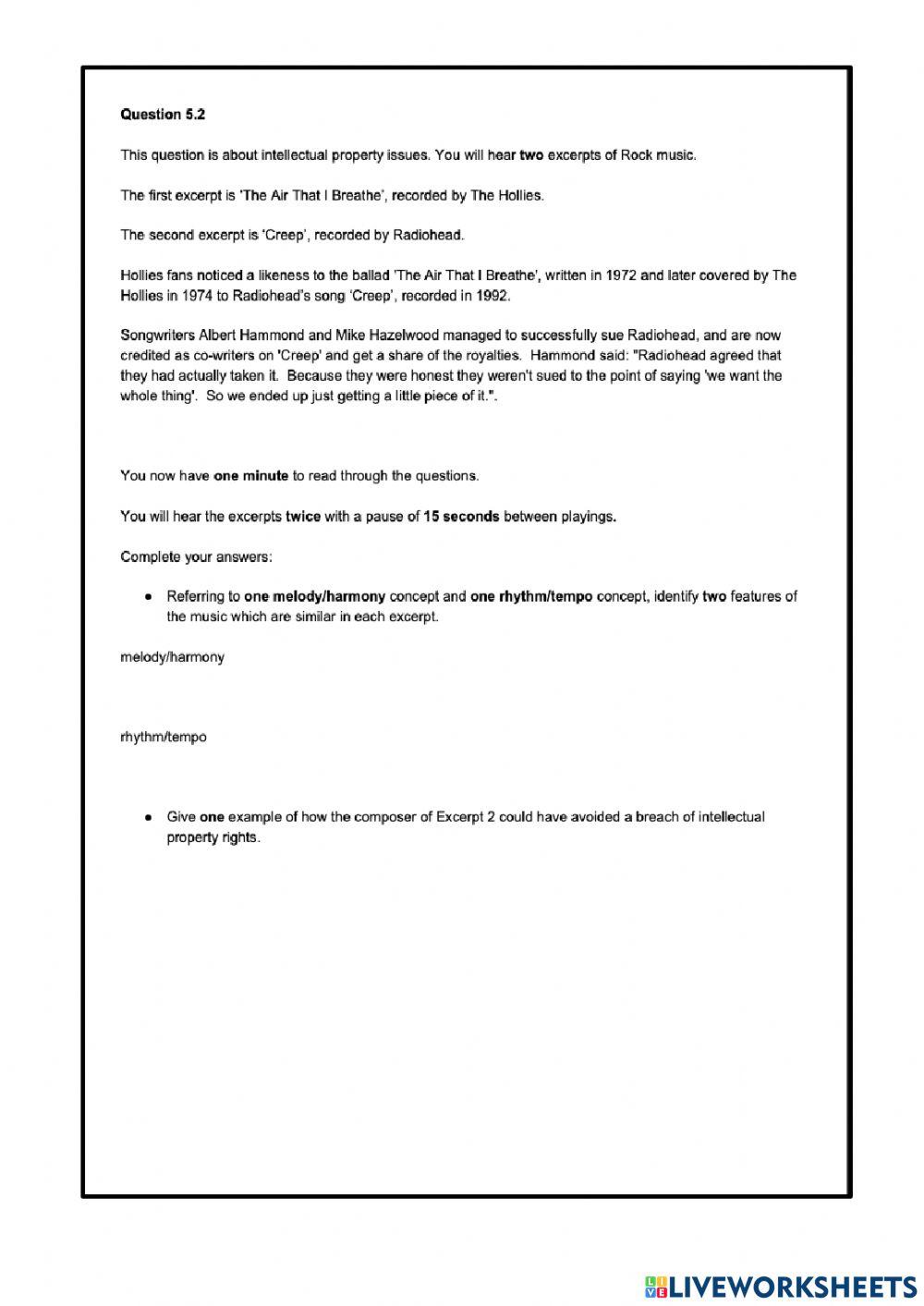 Higher Music Technology Question 22 (Q5) worksheet | Live Worksheets