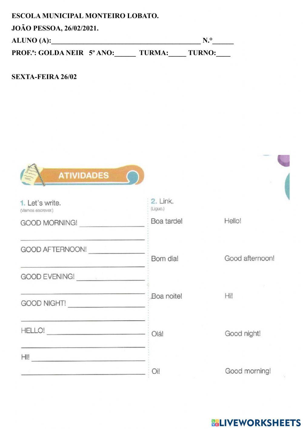 Cumprimentos em inglês worksheet | Live Worksheets