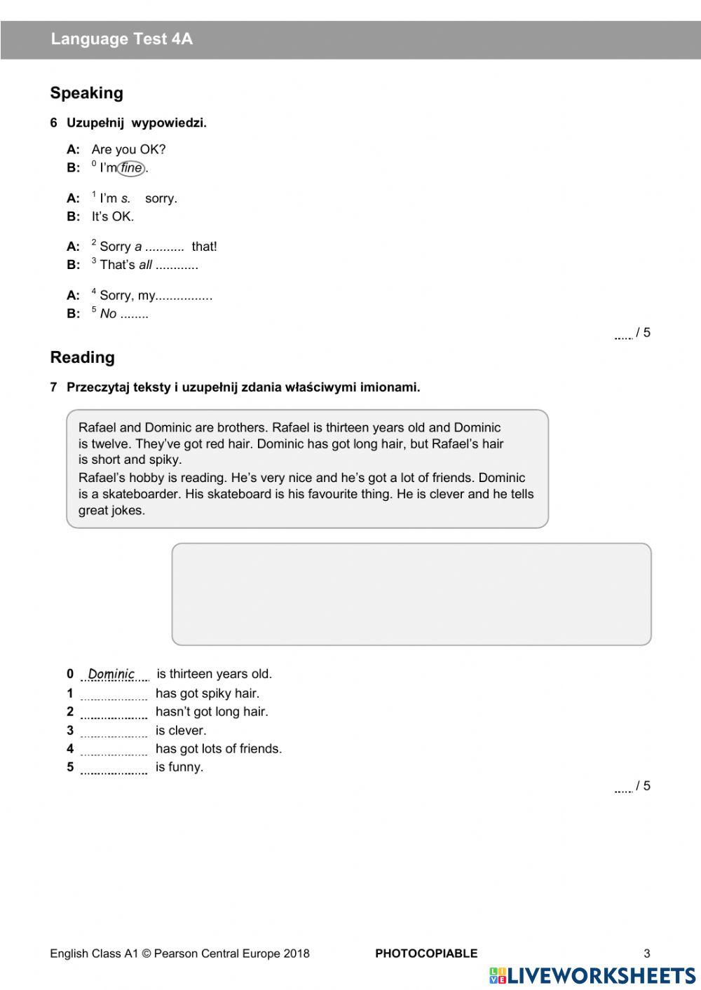 English Class A1 Unit 4 test online exercise for | Live Worksheets