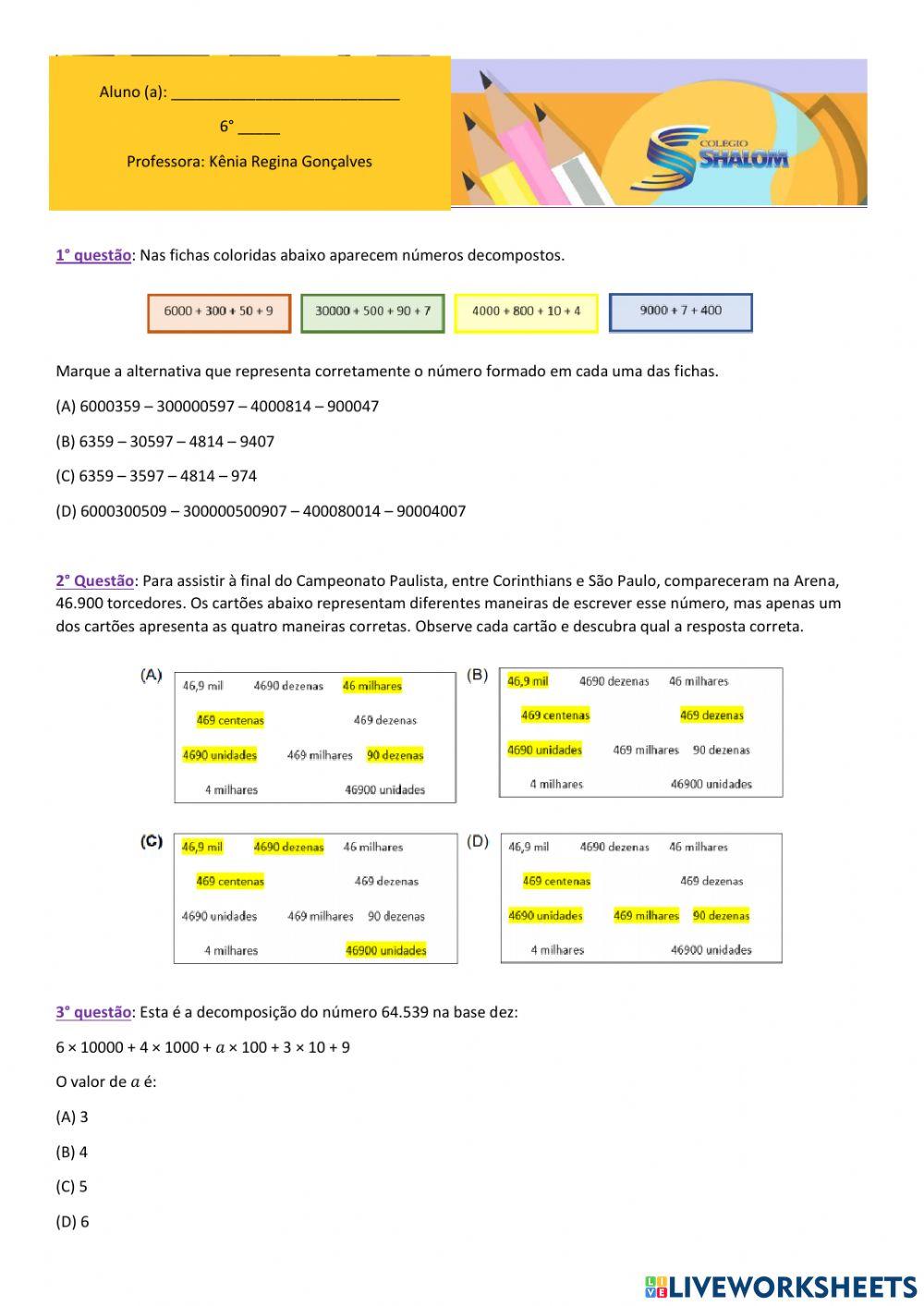 Atividade de Ordem e Classes worksheet | Live Worksheets