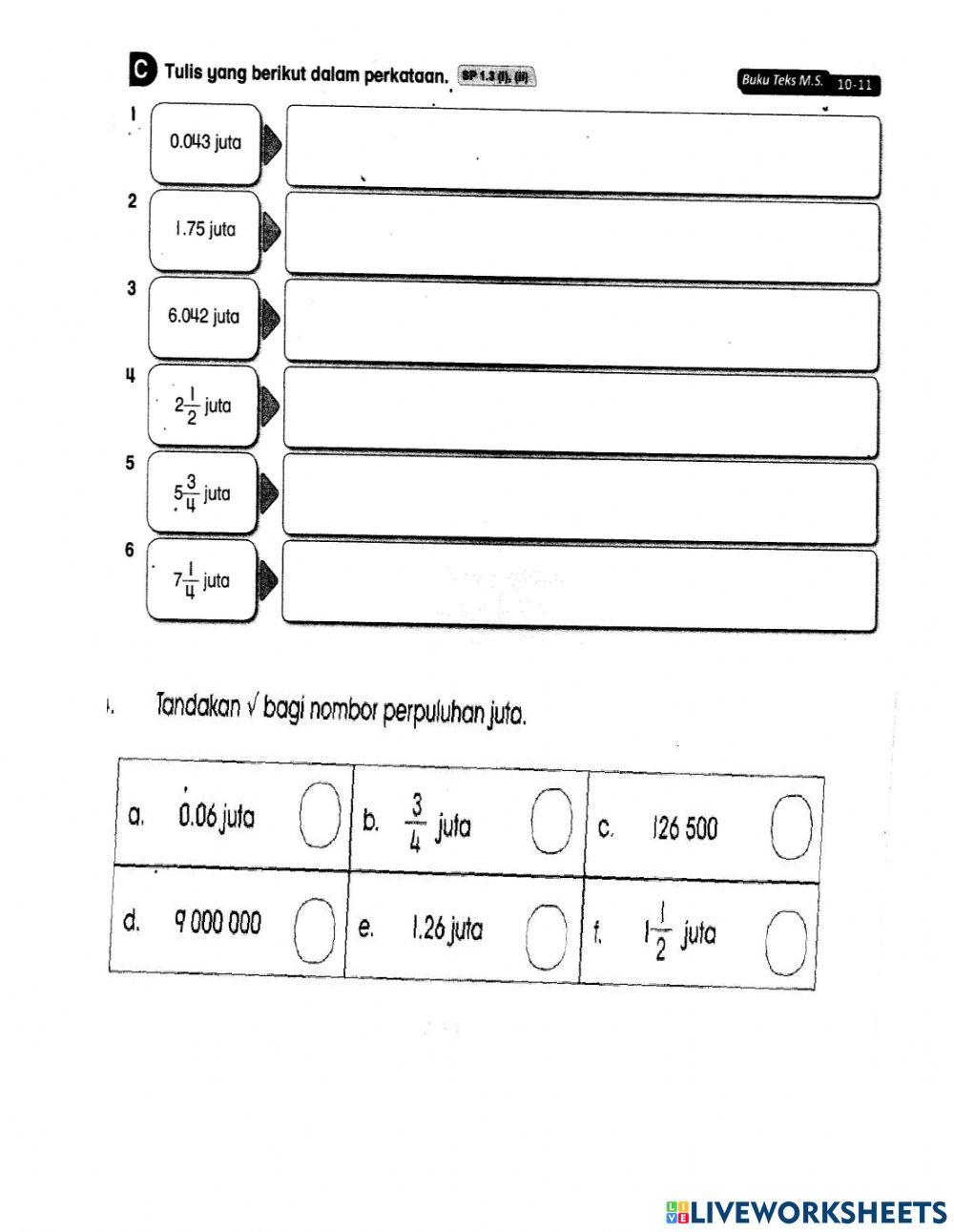 Nombor perpuluhan juta & pecahan juta worksheet | Live Worksheets