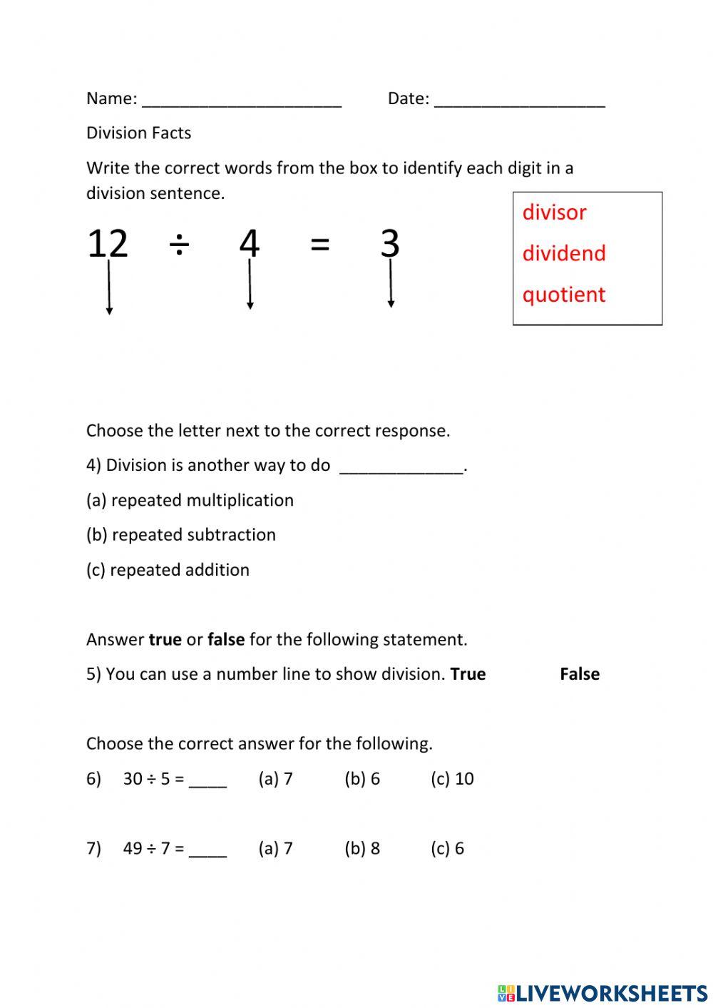 Division Facts | Free Interactive Worksheets | 738208