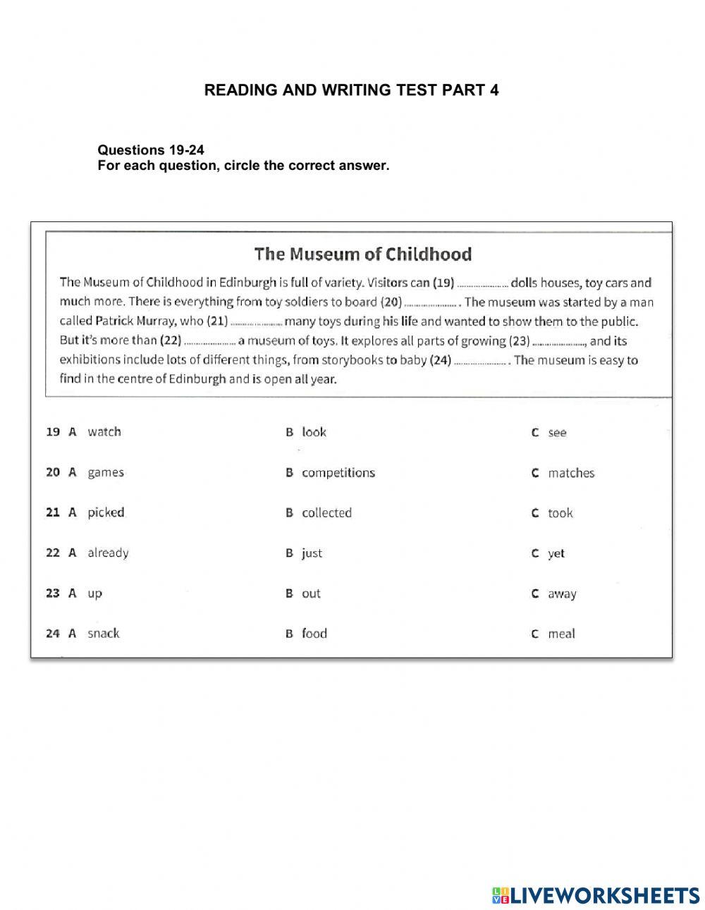 A2 Key Reading and Writing Part 4 TEST 6432401 | FCORDERO