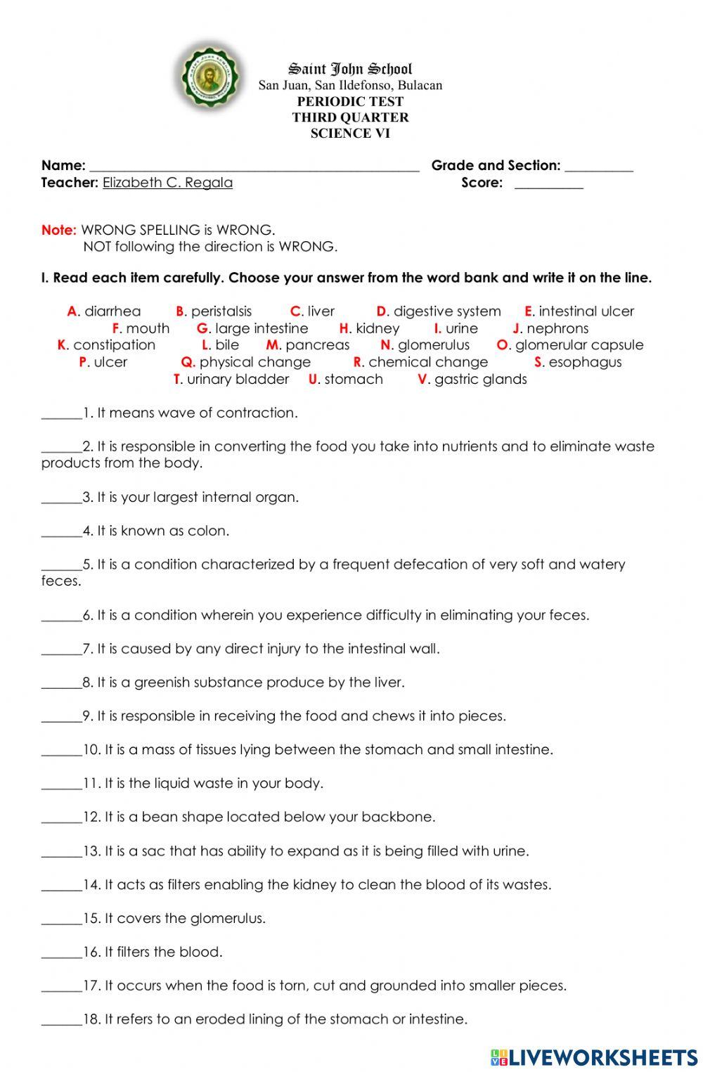 Third Periodic Test in Science worksheet | Live Worksheets