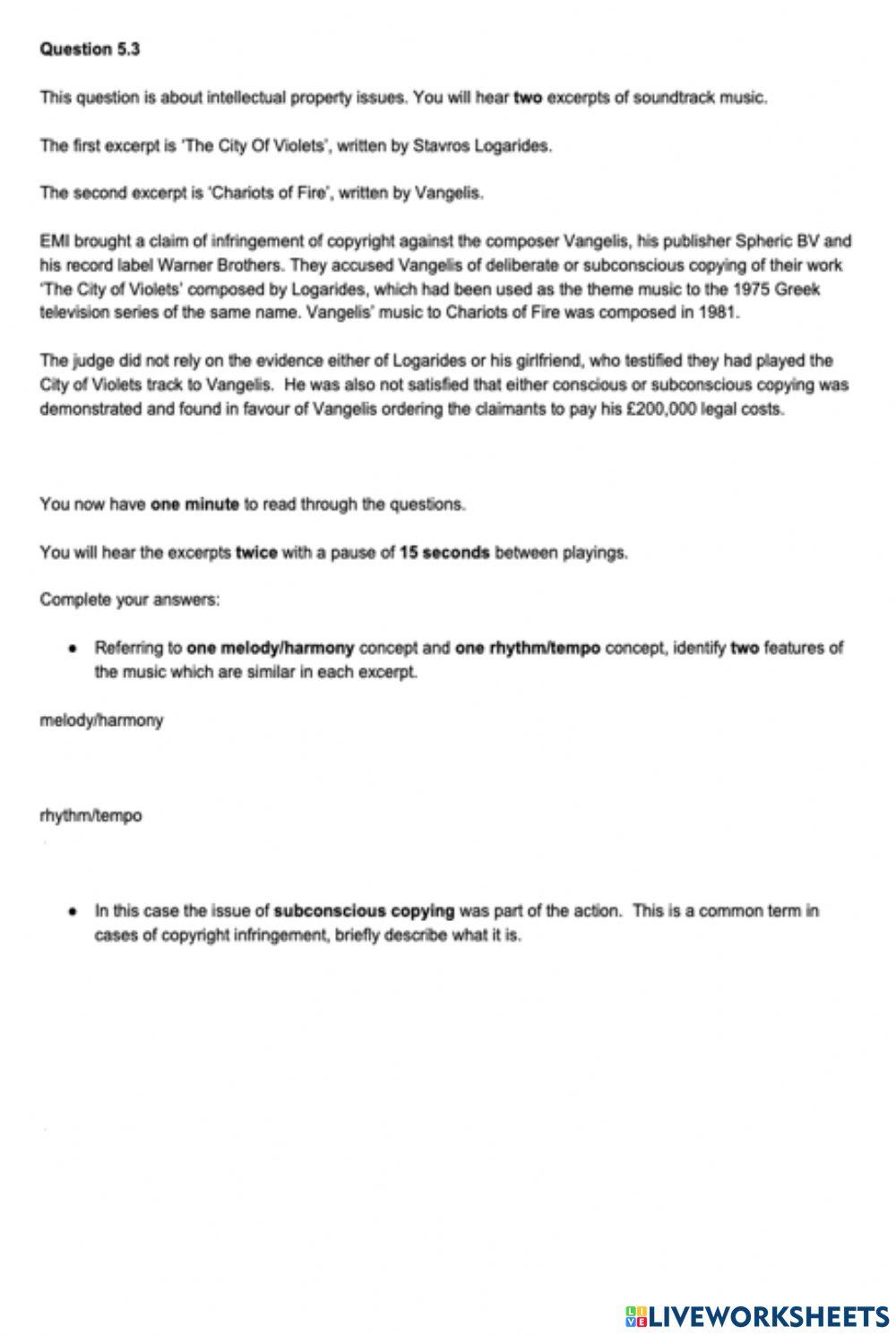 Higher Music Technology Question 23 (Q5) worksheet | Live Worksheets