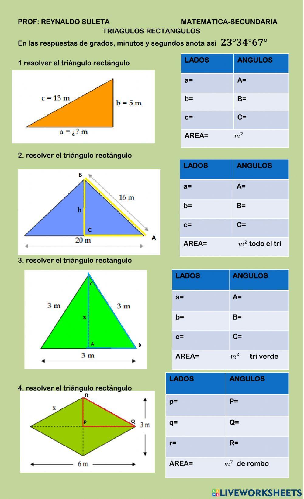 Hojas De Trabajo Para Resolver Triángulos Rectángulos