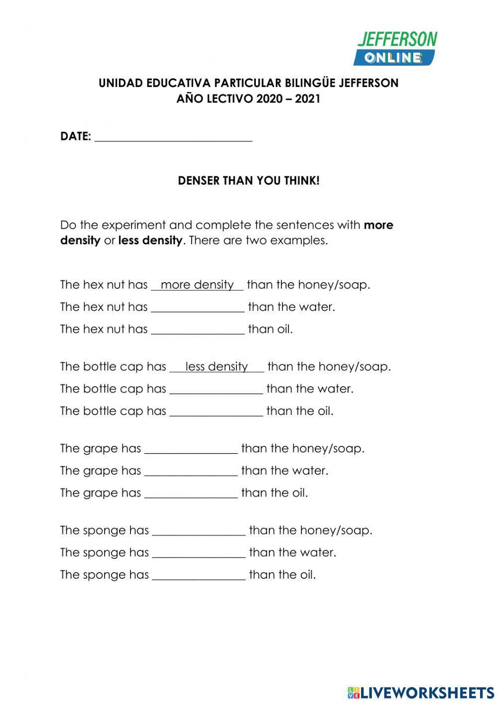 Density online worksheet | Live Worksheets