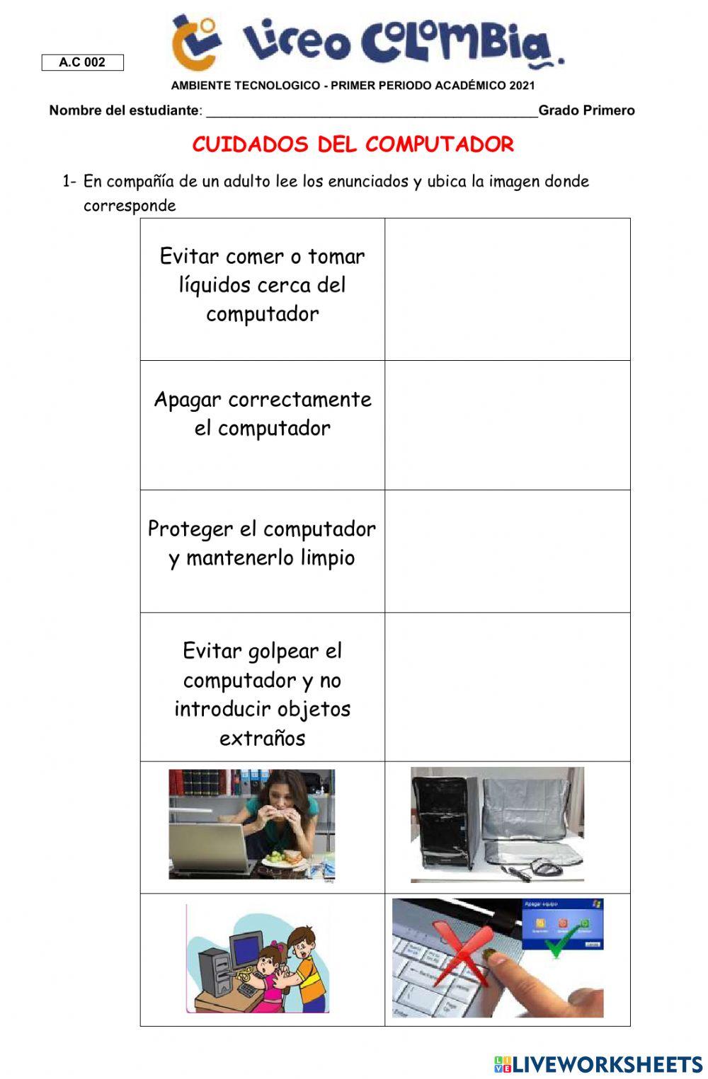 Cuidados del computador online worksheet | Live Worksheets