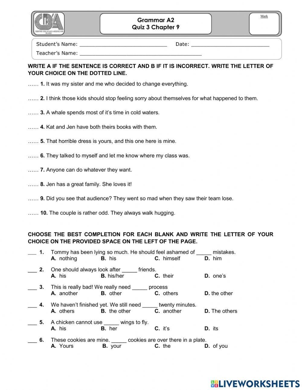 Grammar A2 | Free Interactive Worksheets | 740197
