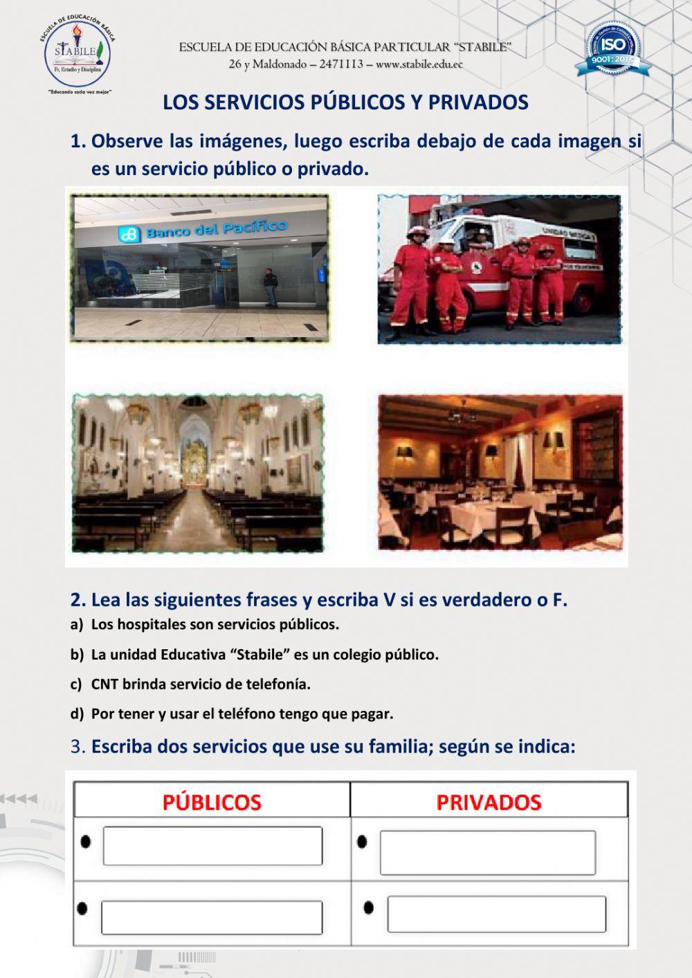 SERVICIOS PÚBLICOS Y PRIVADOS online exercise for | Live Worksheets