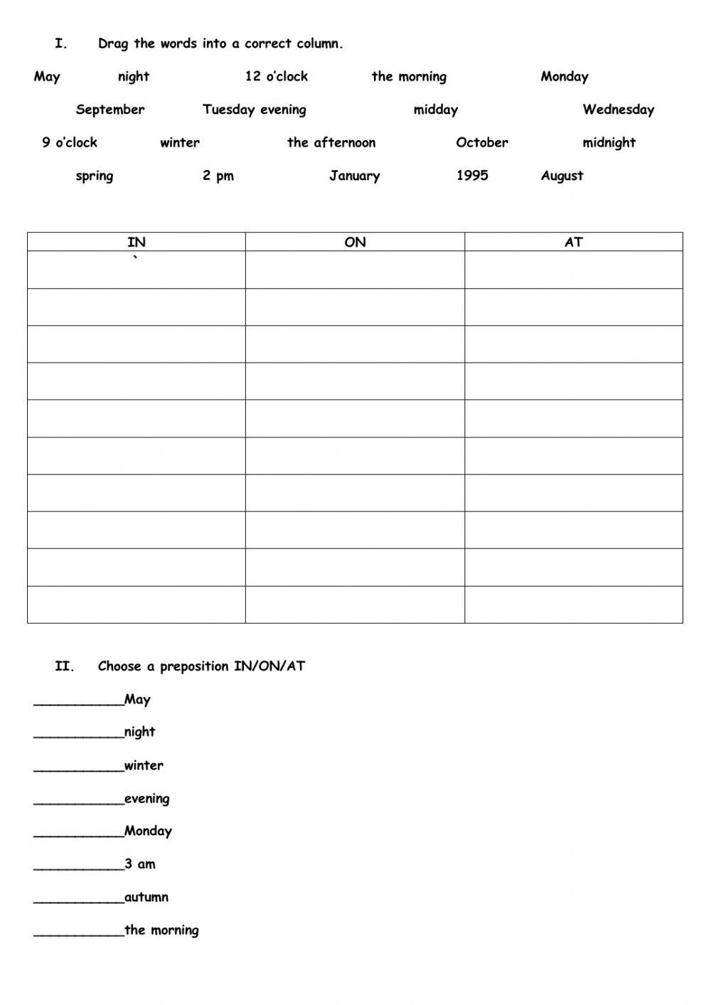 Prepositions of time worksheet for 2-3 grades | Live Worksheets