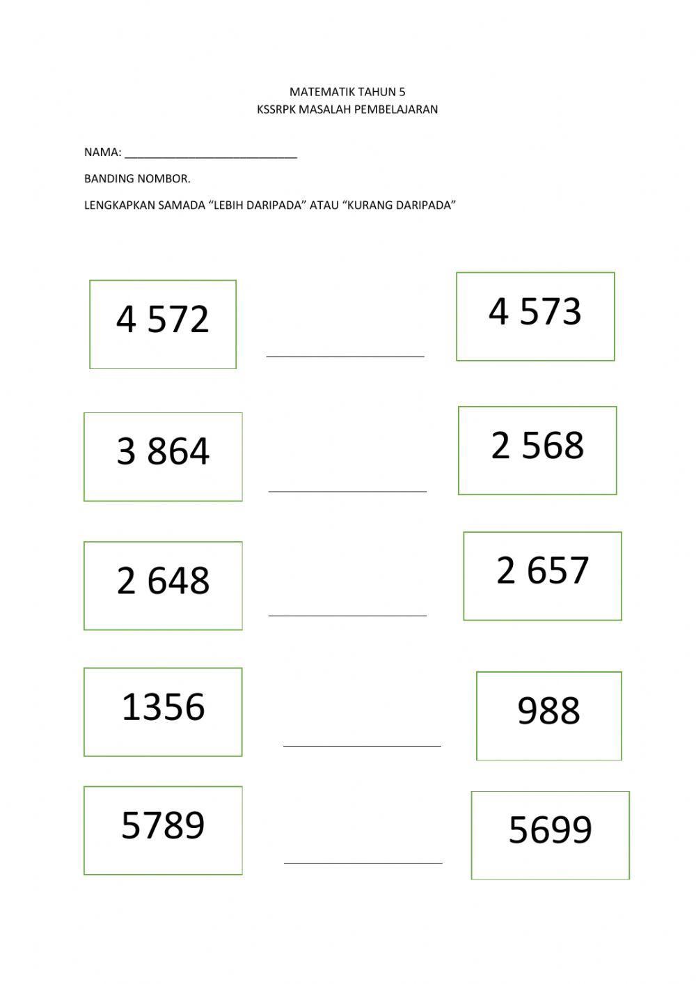 Banding nombor worksheet | Live Worksheets