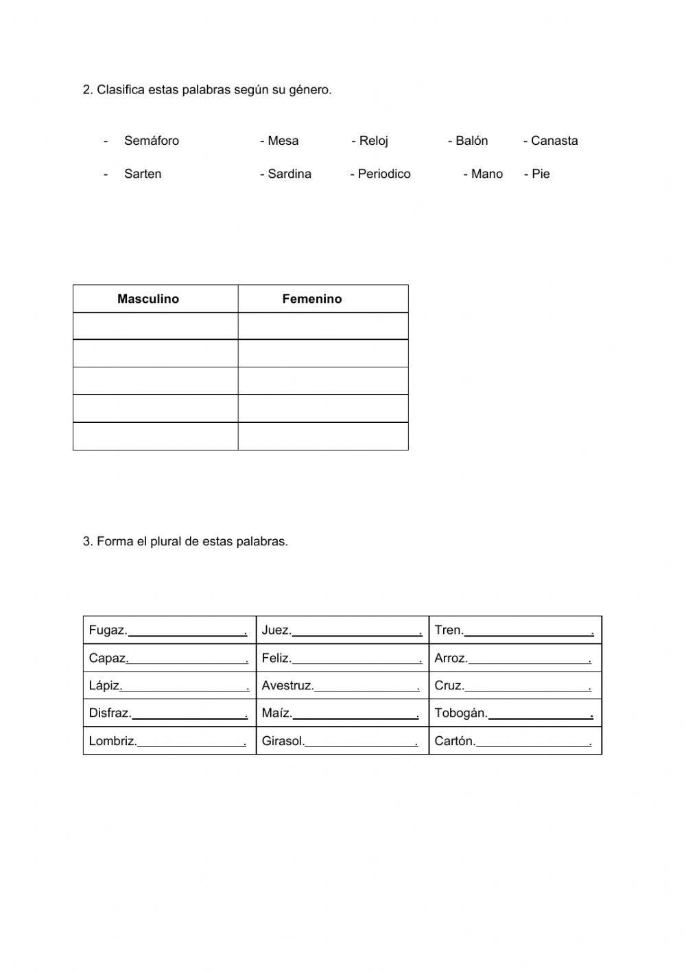 Masculino-Femenino, Singular-Plural | LiveWorksheets