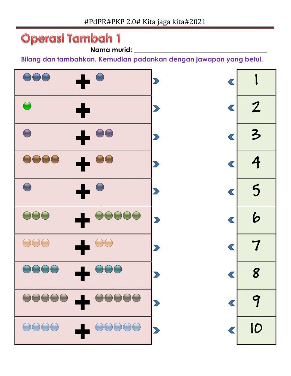 Operasi Tambah 1 0252 | cikguSiang | Live Worksheets