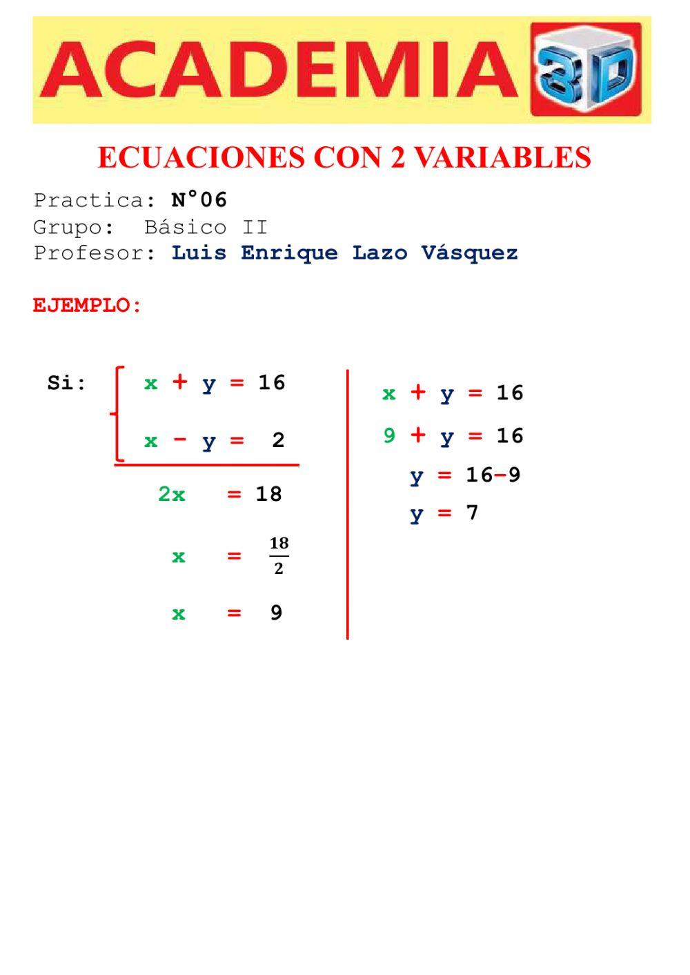 Hojas De Trabajo De Ecuaciones De Dos Variables