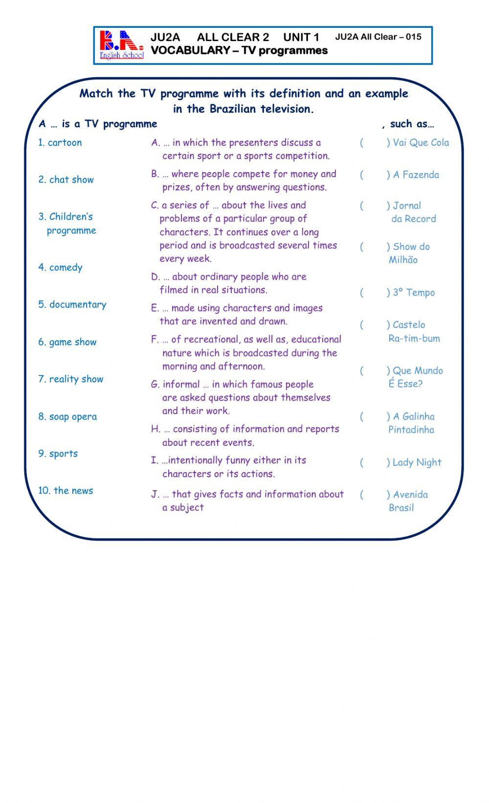 Pdf online exercise: Tv programmes | Live Worksheets