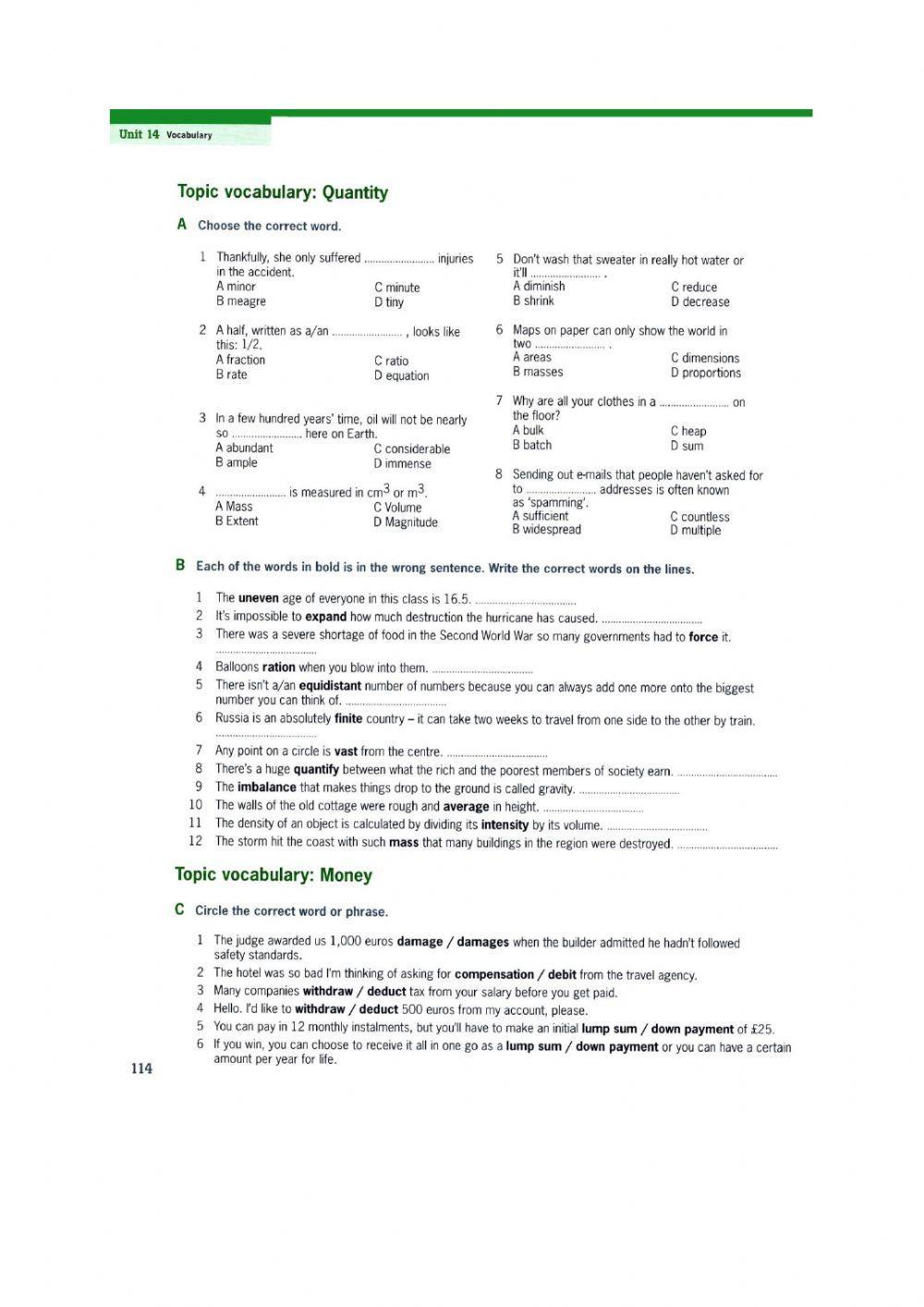 Destination C1 Quantity And Money Worksheet Live Worksheets