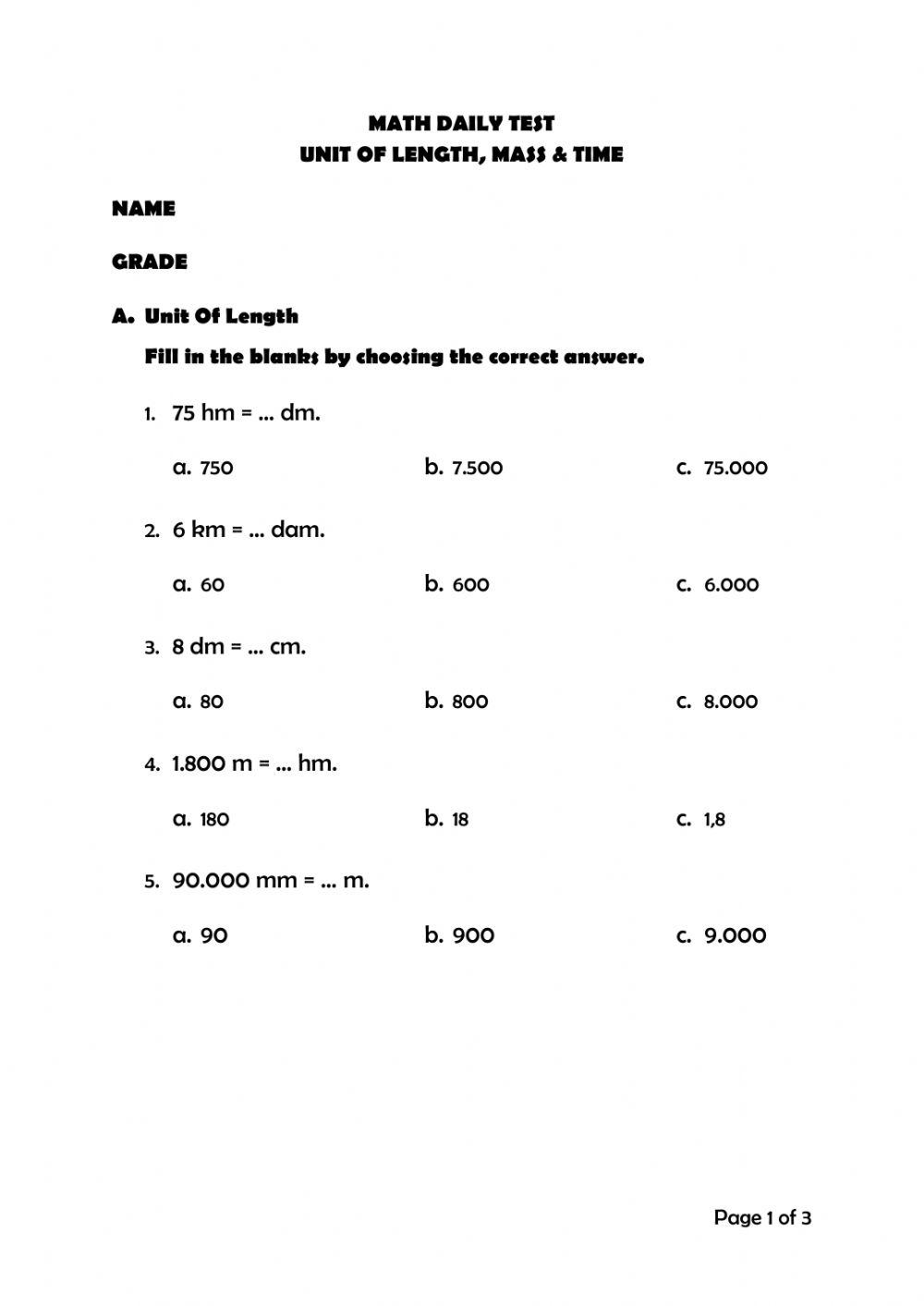 Unit Of Length, Unit Of Mass, Time worksheet | Live Worksheets
