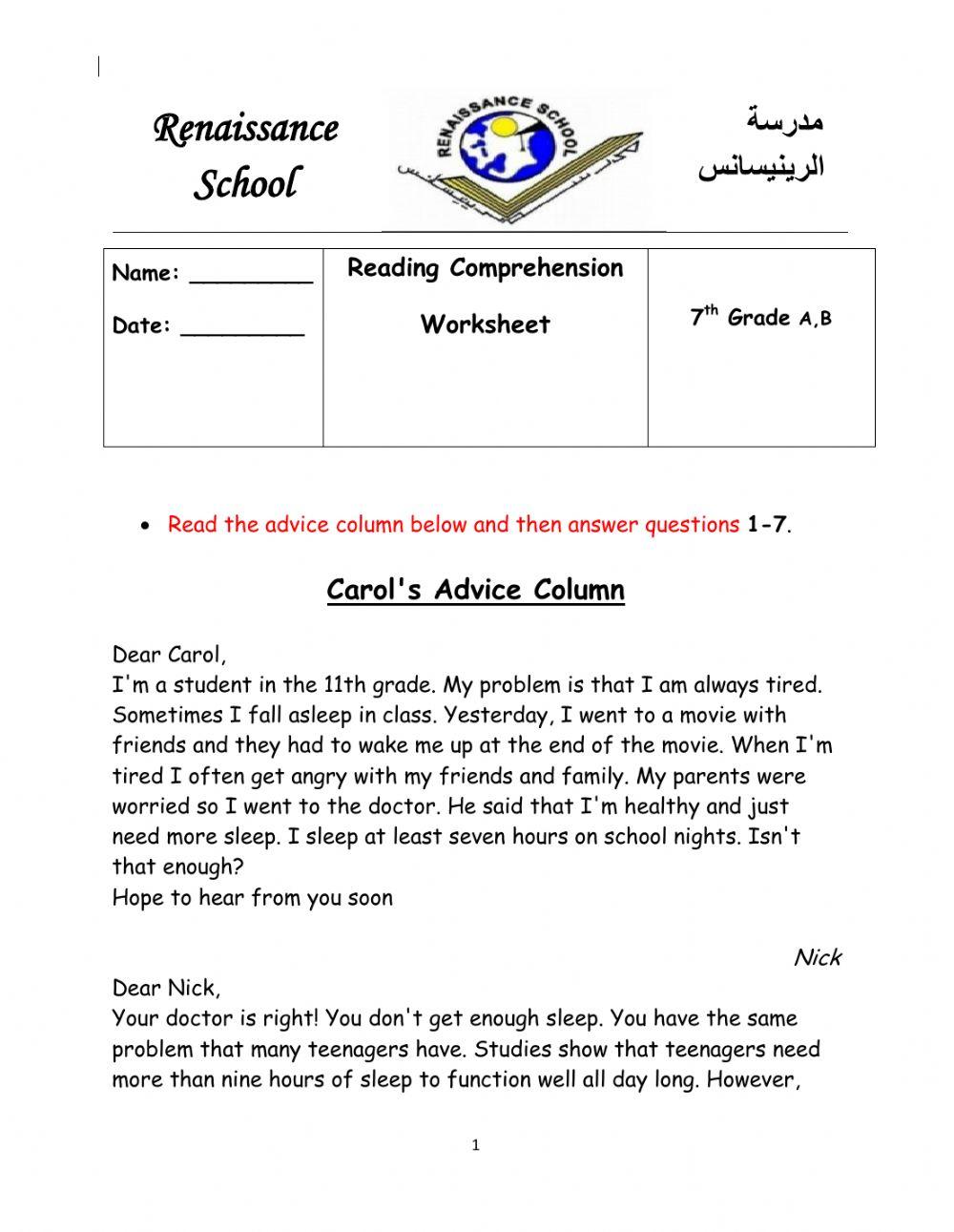 7th Grade Reading Comprehension Worksheet online exercise for | Live ...