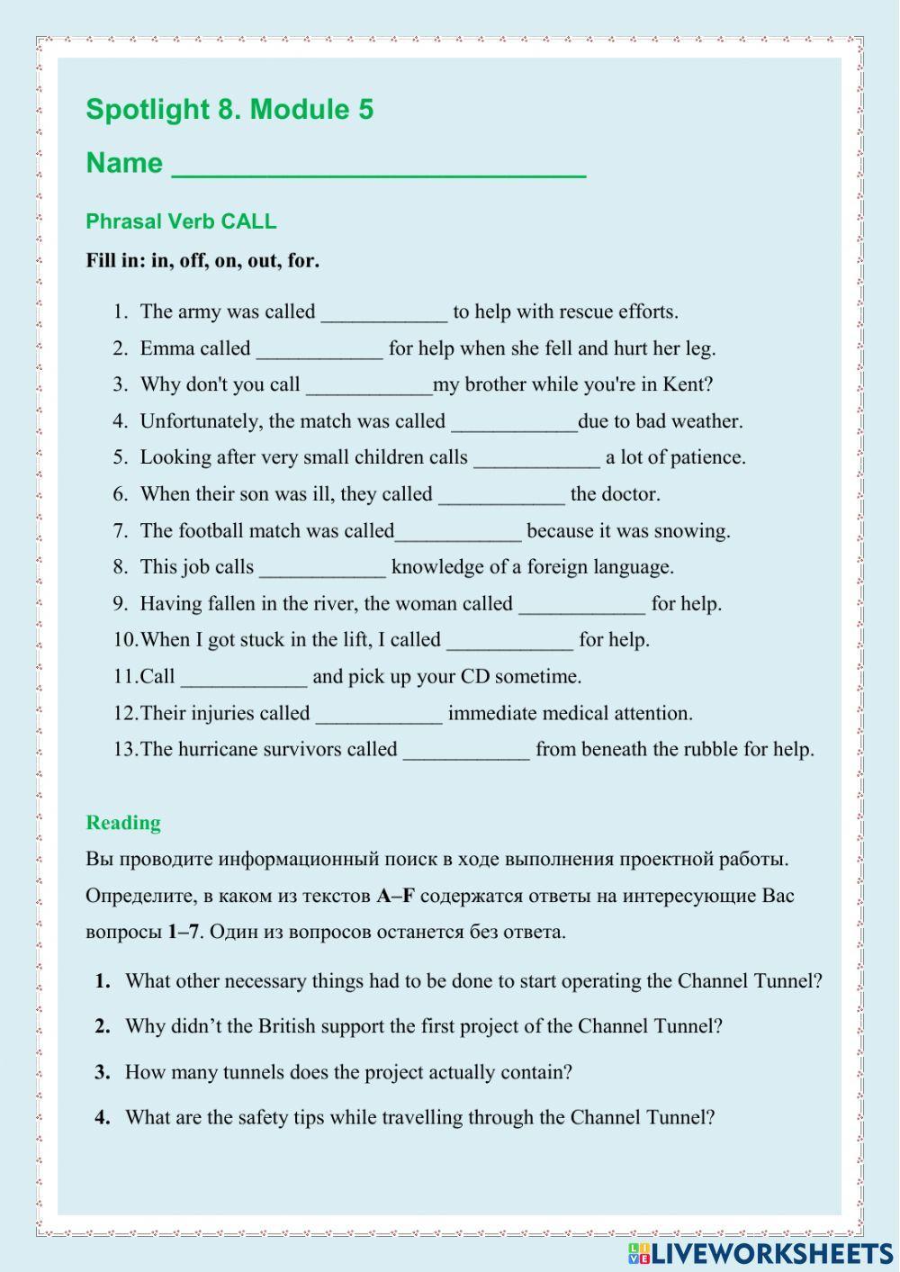 742127 | Spotlight 8, module 5. Phrasal verb CALL.