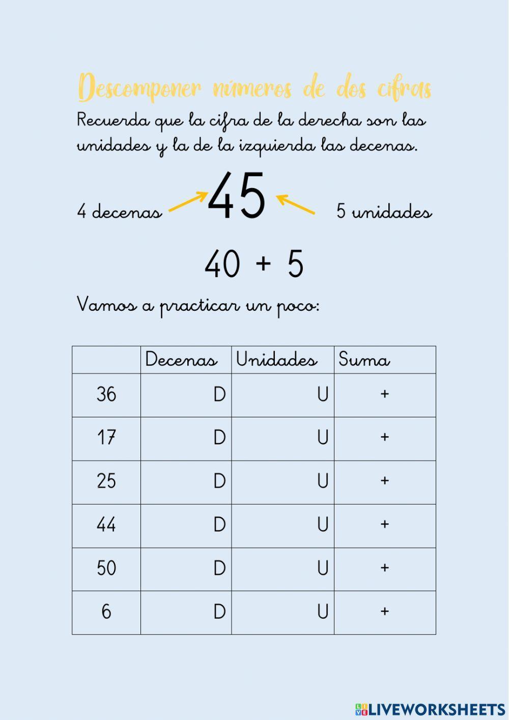 Descomponer núm… | Free Interactive Worksheets | 742389