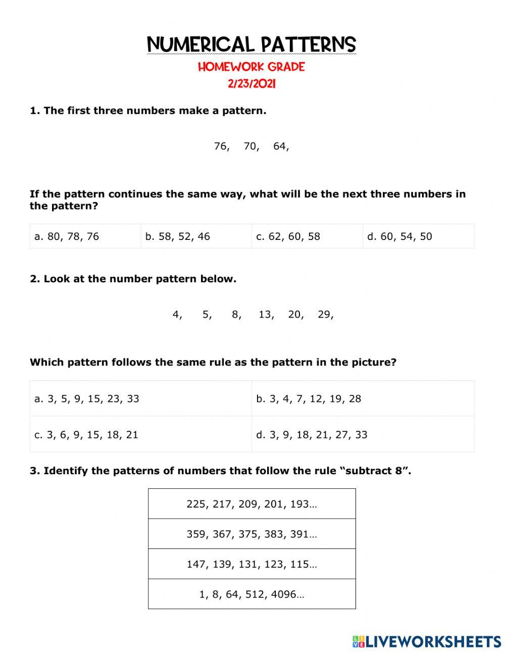 Numerical Patte… | Free Interactive Worksheets | 742490