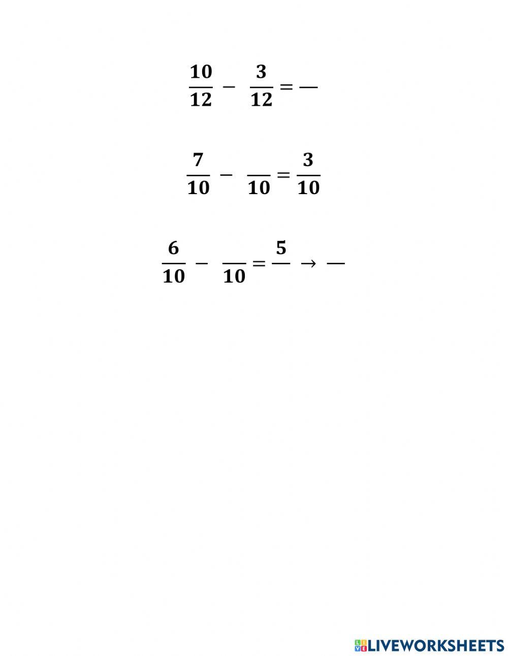 Subtract like fractions exercise | Live Worksheets