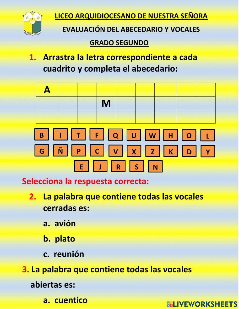 EVALUACIÓN DEL ABECEDARIO Y VOCALES online exercise for | Live Worksheets
