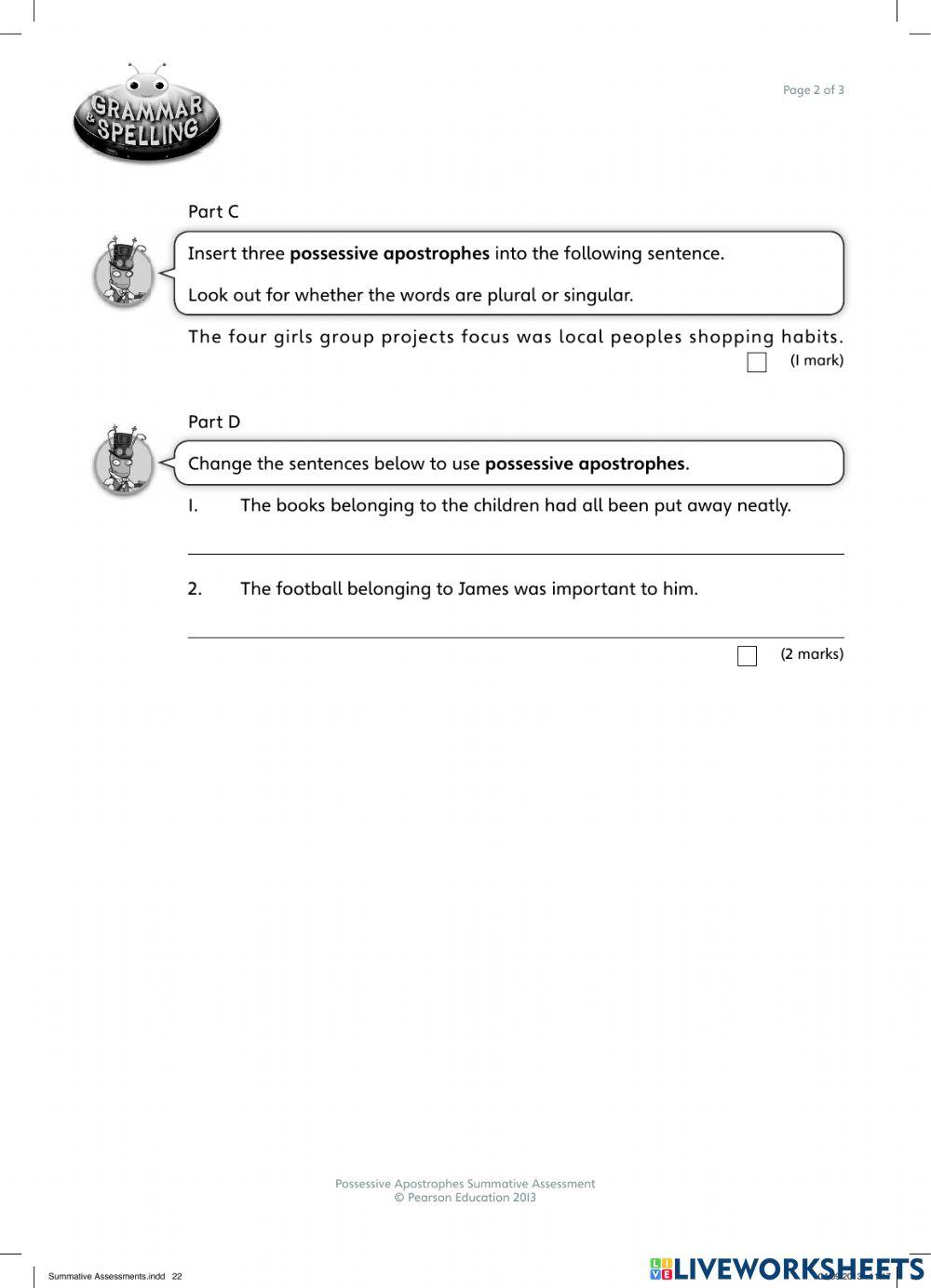 Grade 5 Possessive Apostrophe Summative Practice online exercise for ...