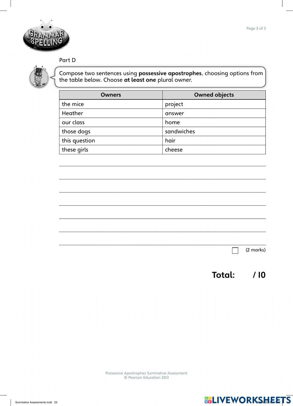 Grade 5 Possessive Apostrophe Summative Practice online exercise for ...