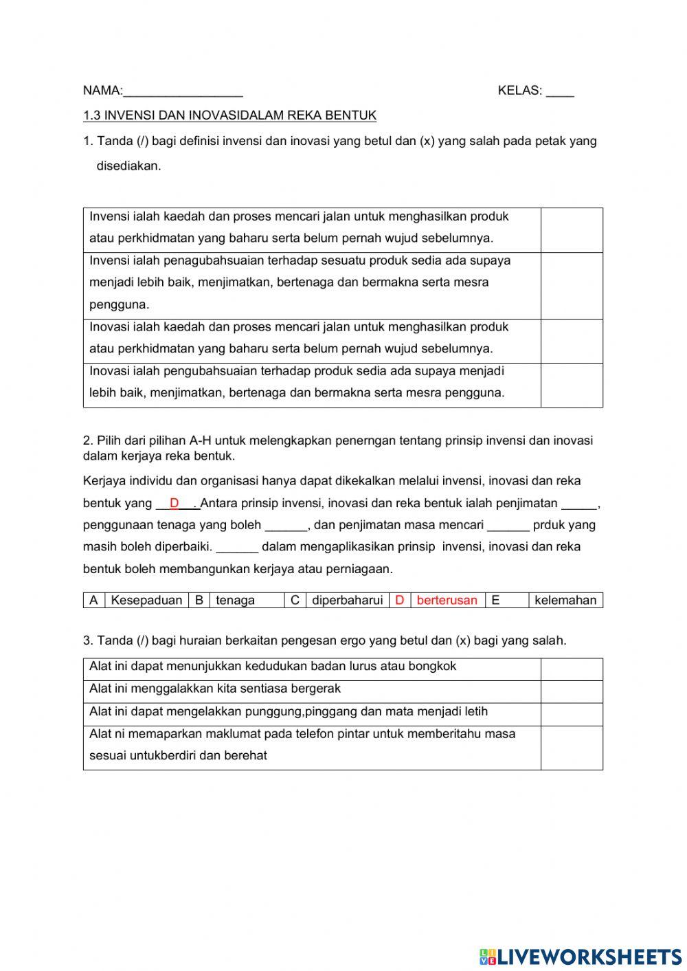 Invensi dan inovasi dalam reka bentuk worksheet | Live Worksheets