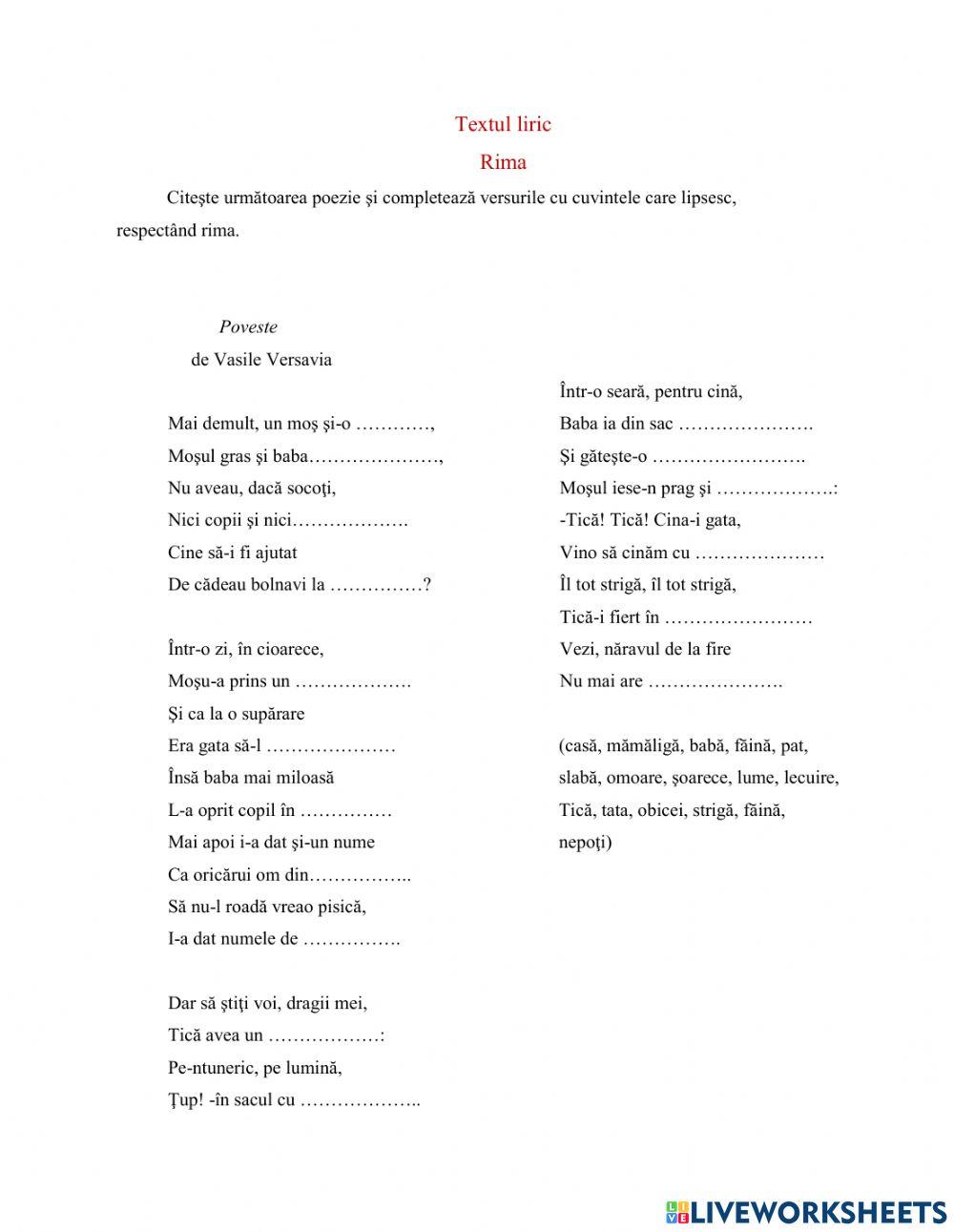 Textul liric 743639 | Gabriela Bucur | Live Worksheets