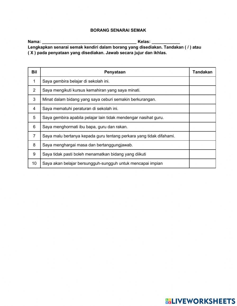 BORANG SENARAI SEMAK online exercise for | Live Worksheets