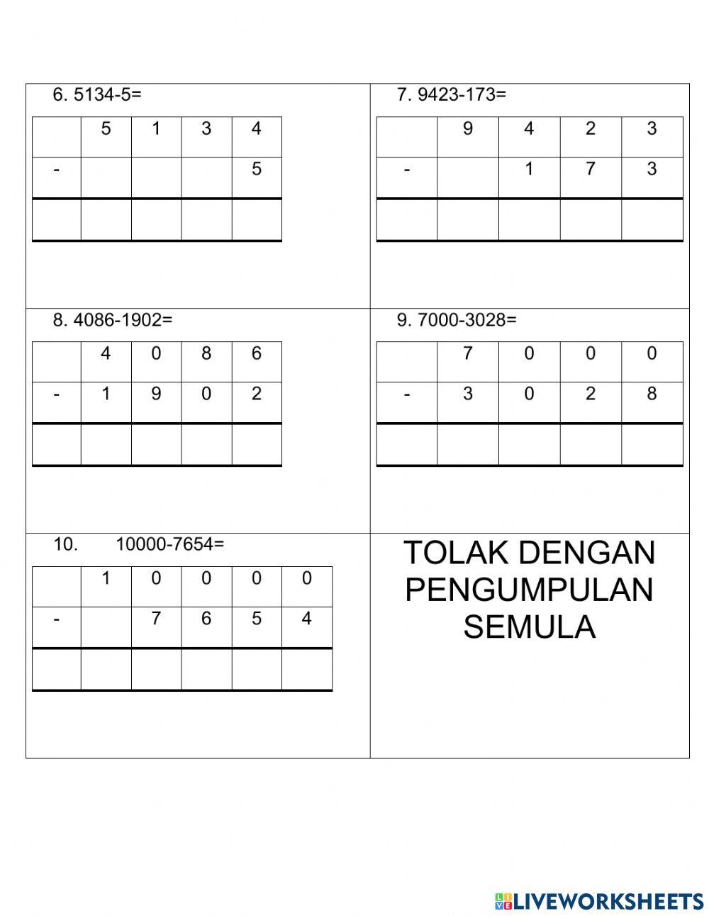 Tolak dan tolak lagi worksheet | Live Worksheets
