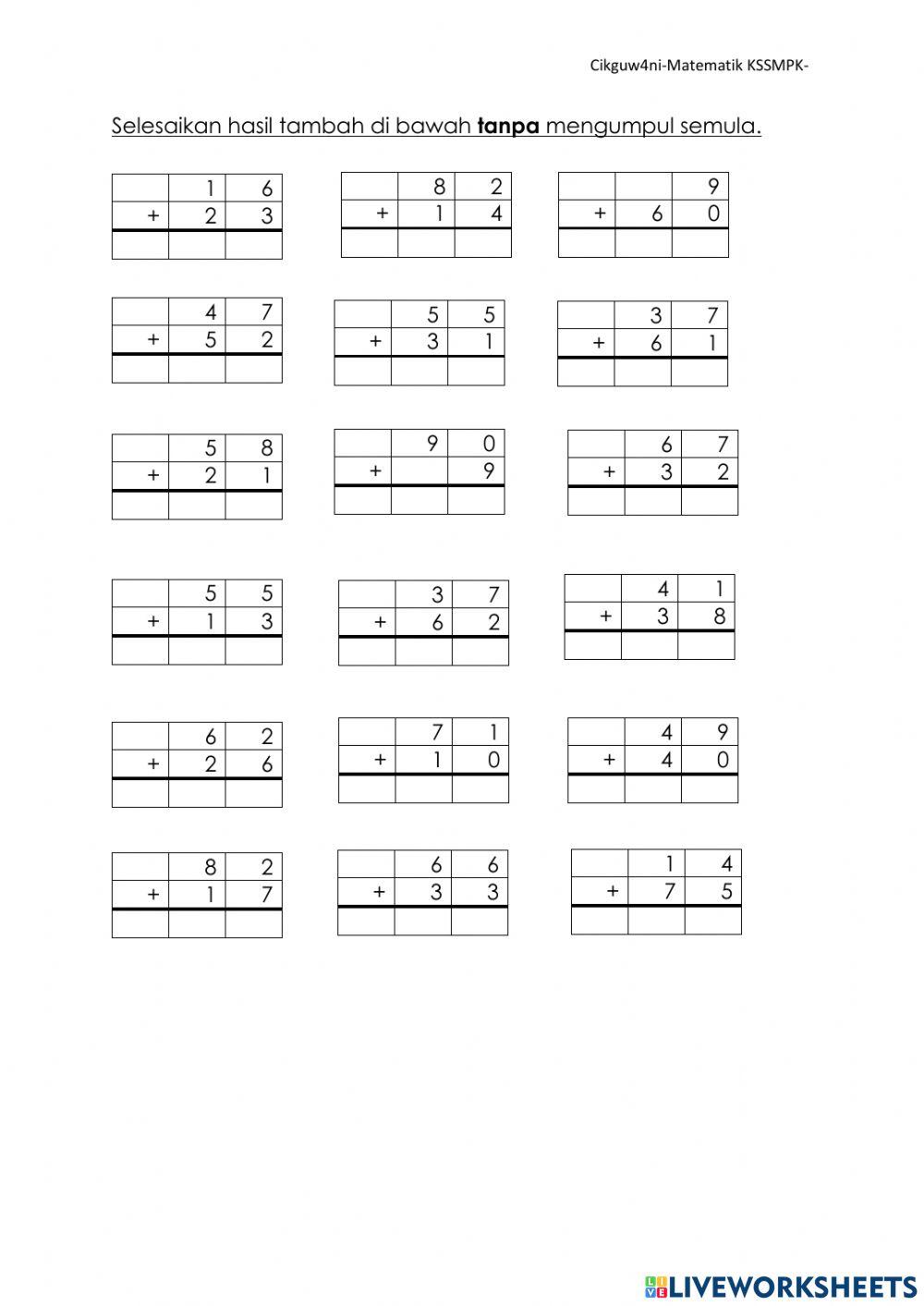 Operasi tambah 744136 | cikguw4n1 | Live Worksheets
